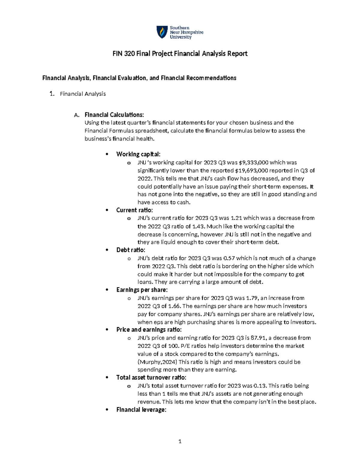 FIN 320 Final Project Financial Analysis Report - Financial Analysis A ...