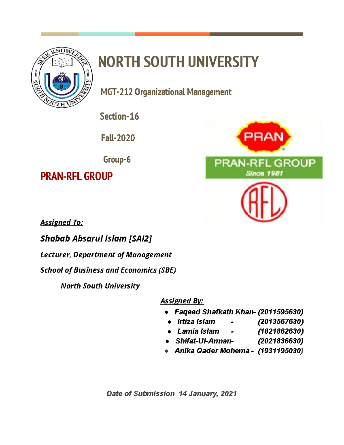 pran project pdf - NORTH SOUTH UNIVERSITY MGT-212 Organizational ...