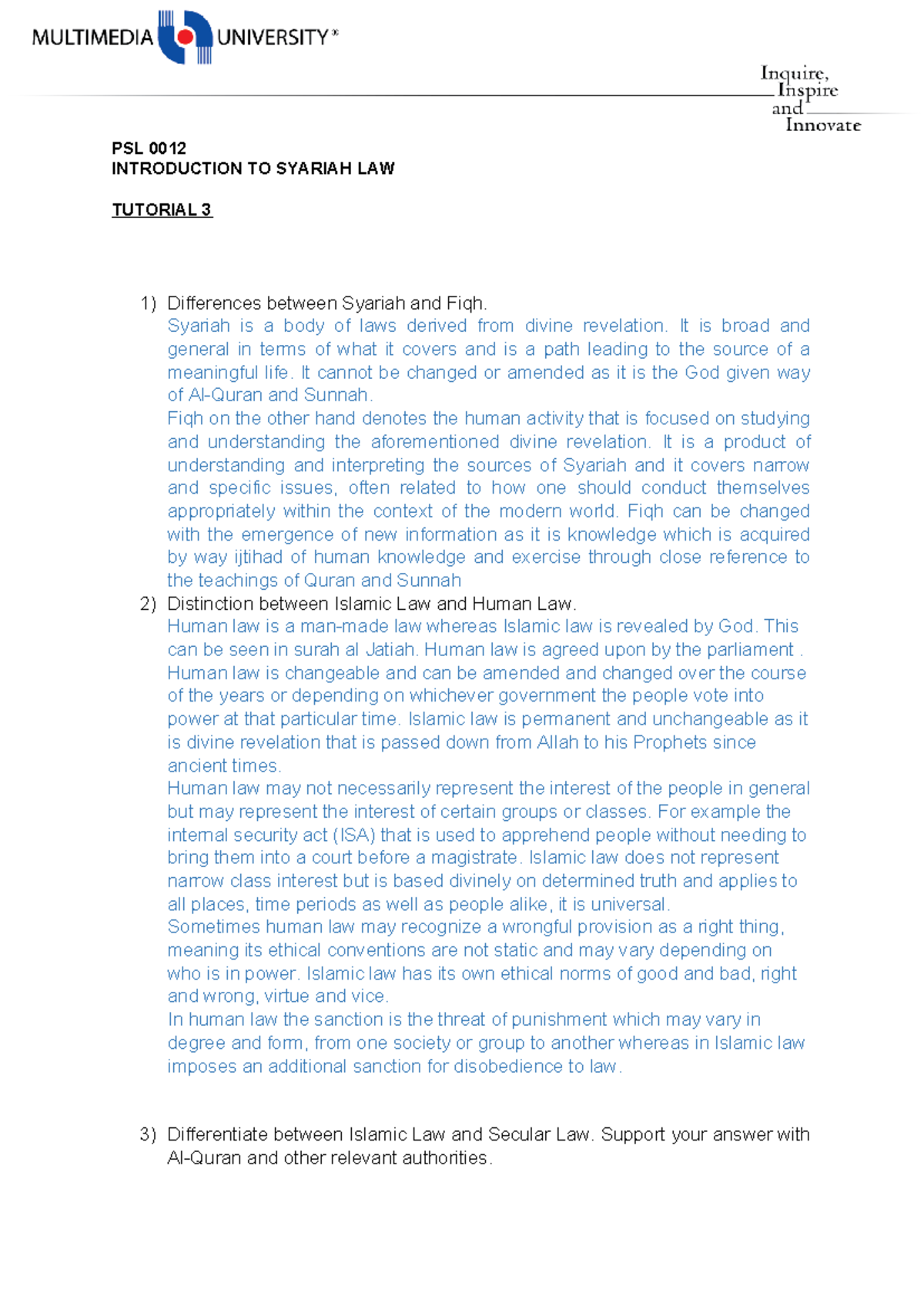 Tutorial 3 - PSL 0012 INTRODUCTION TO SYARIAH LAW TUTORIAL 3 1 ...