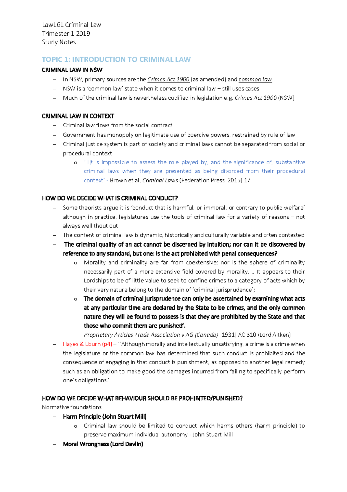 Law161 Criminal Law Complete Study Notes - Trimester 1 2019 Study Notes ...