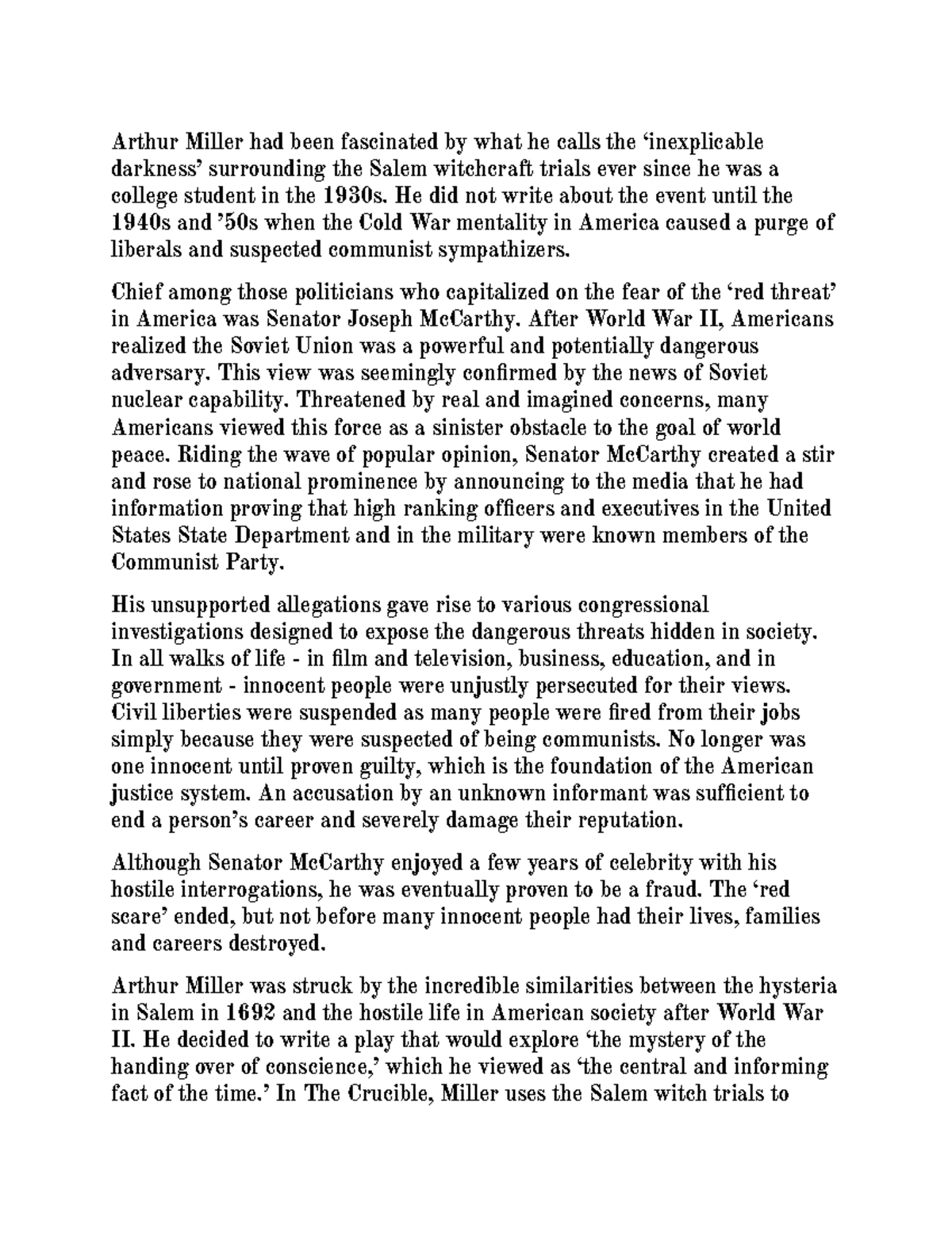 Crucible ACT 4 Summary - Arthur Miller had been fascinated by what he ...