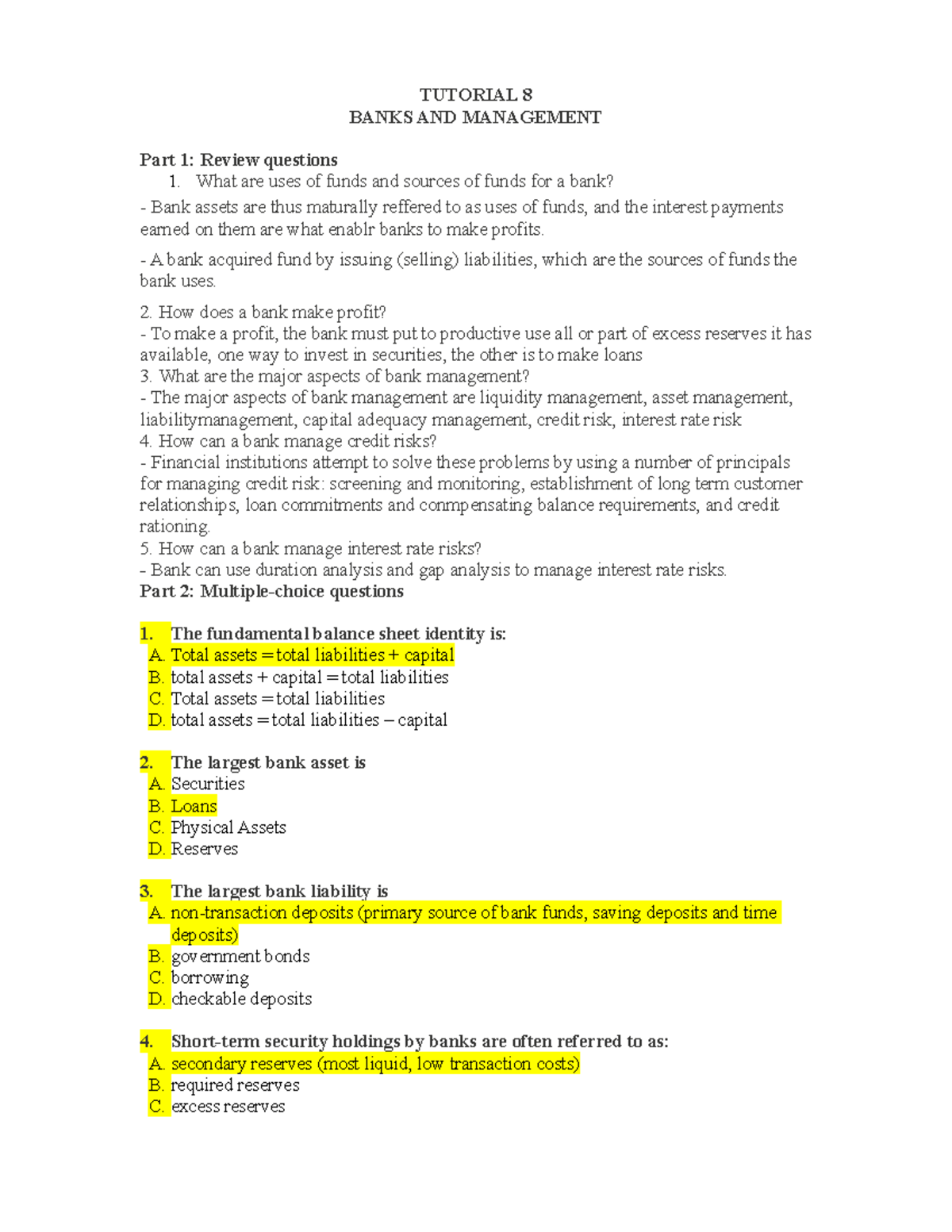Tute 8 questions - key - Finance Management - Studocu