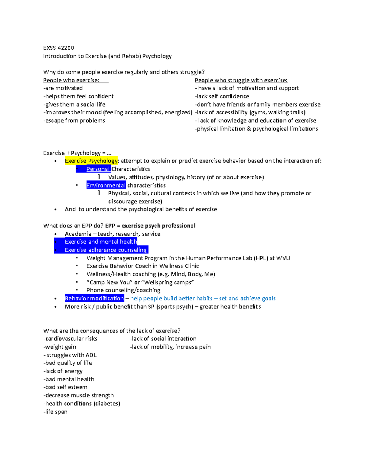 Introduction and What is exercise and rehab psych - EXSS 42200 ...