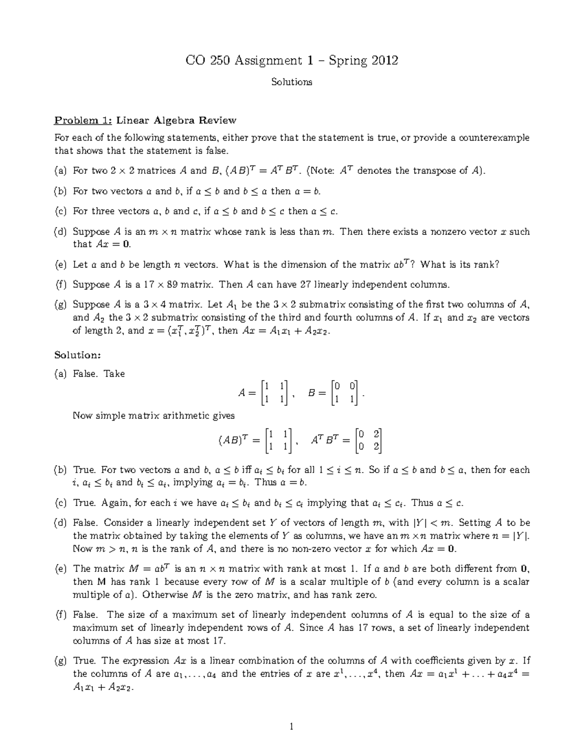 Co 250 As1 With Sol - CO 250 Assignment 1 – Spring 2012 Solutions ...