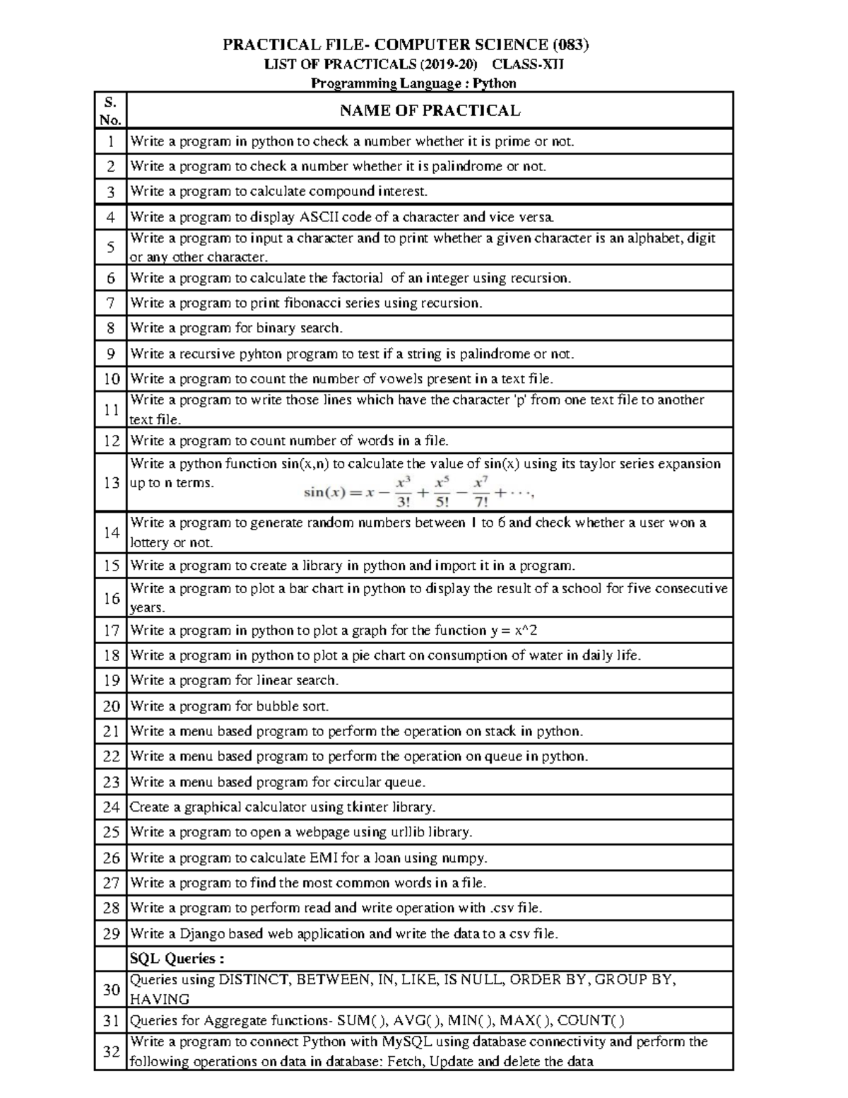 LIST OF Practicals for class xii cs subject - S. No. 1 2 3 4 5 6 7 8 9 10 11 12 13 14 15 16 17 ...
