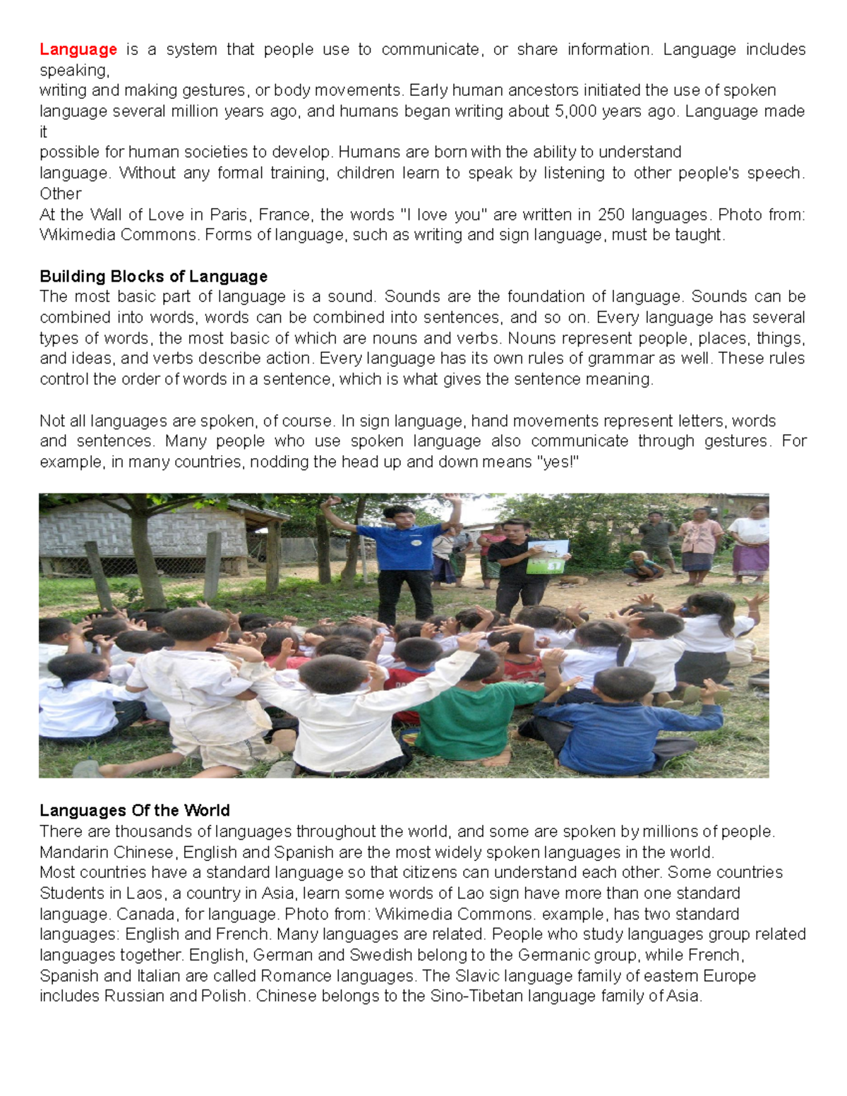 Language - Language includes speaking, writing and making gestures, or ...