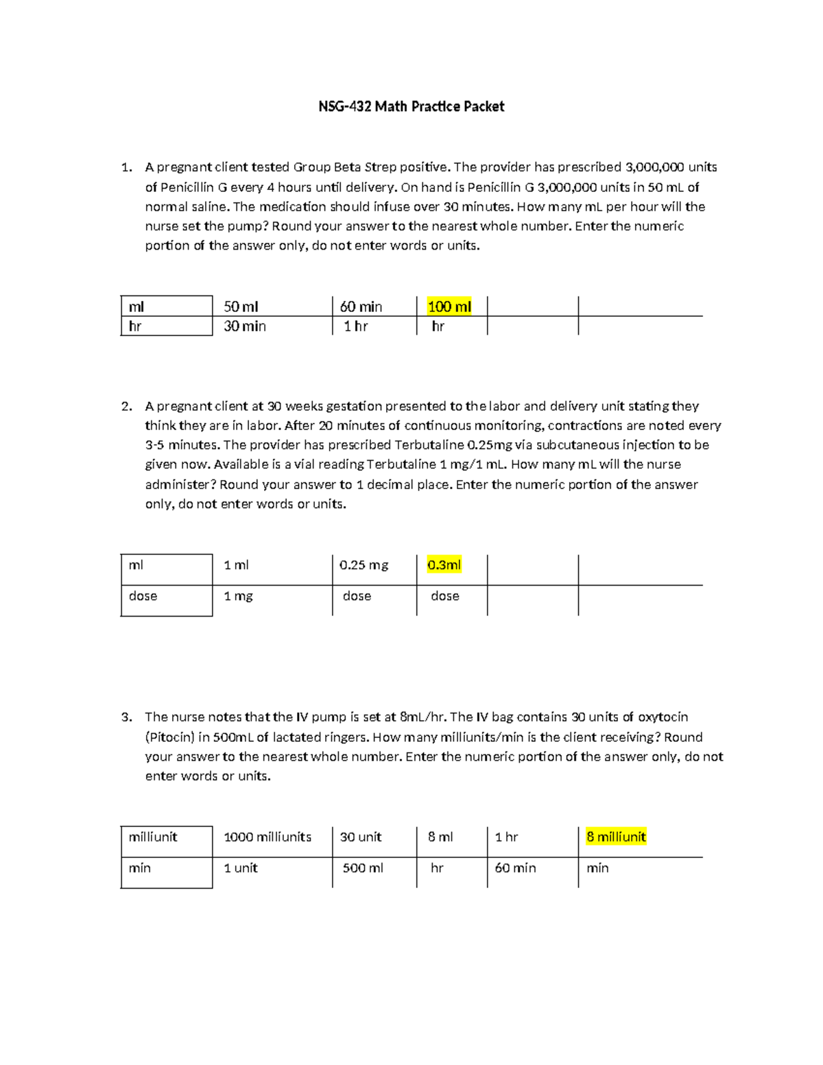 432 Medication Math Practice- Student - NSG-432 Math Practice Packet 1 ...