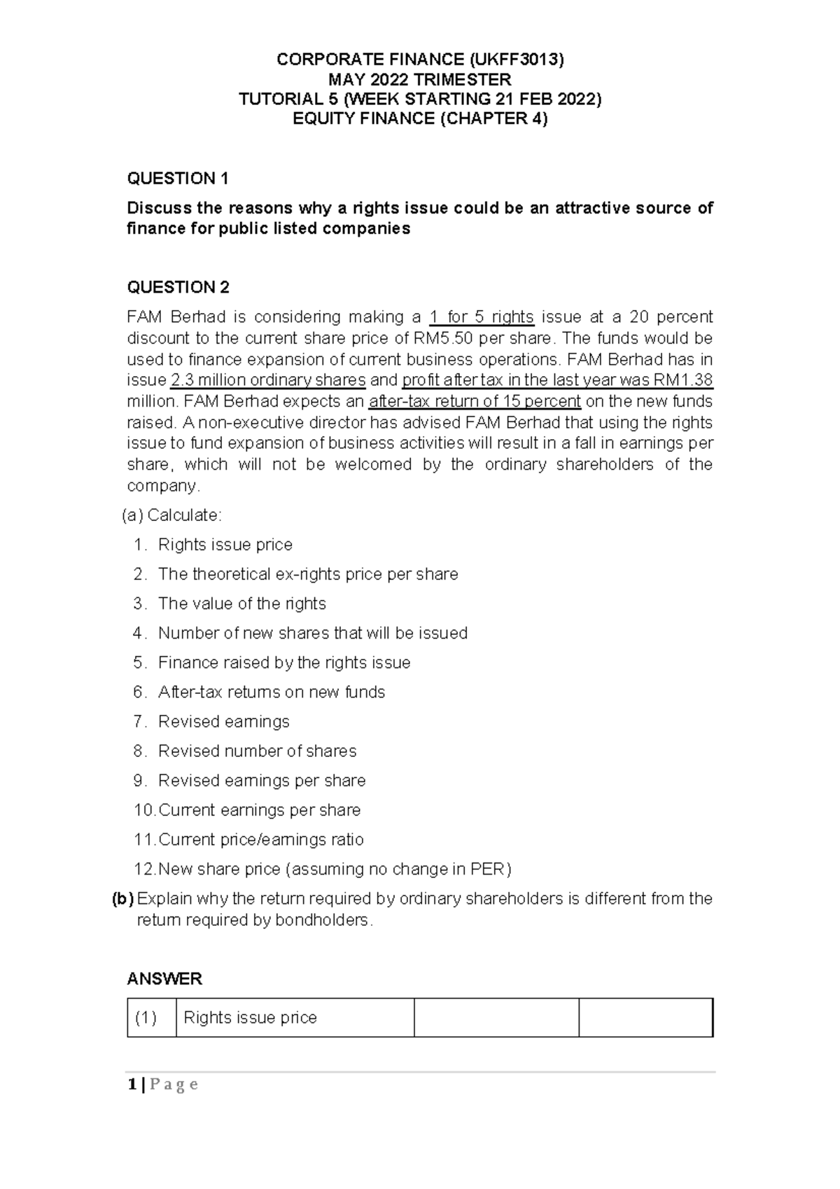 CF T5 - UKFF3013 CORPORATE FINANCE TUTORIAL - MAY 2022 TRIMESTER ...