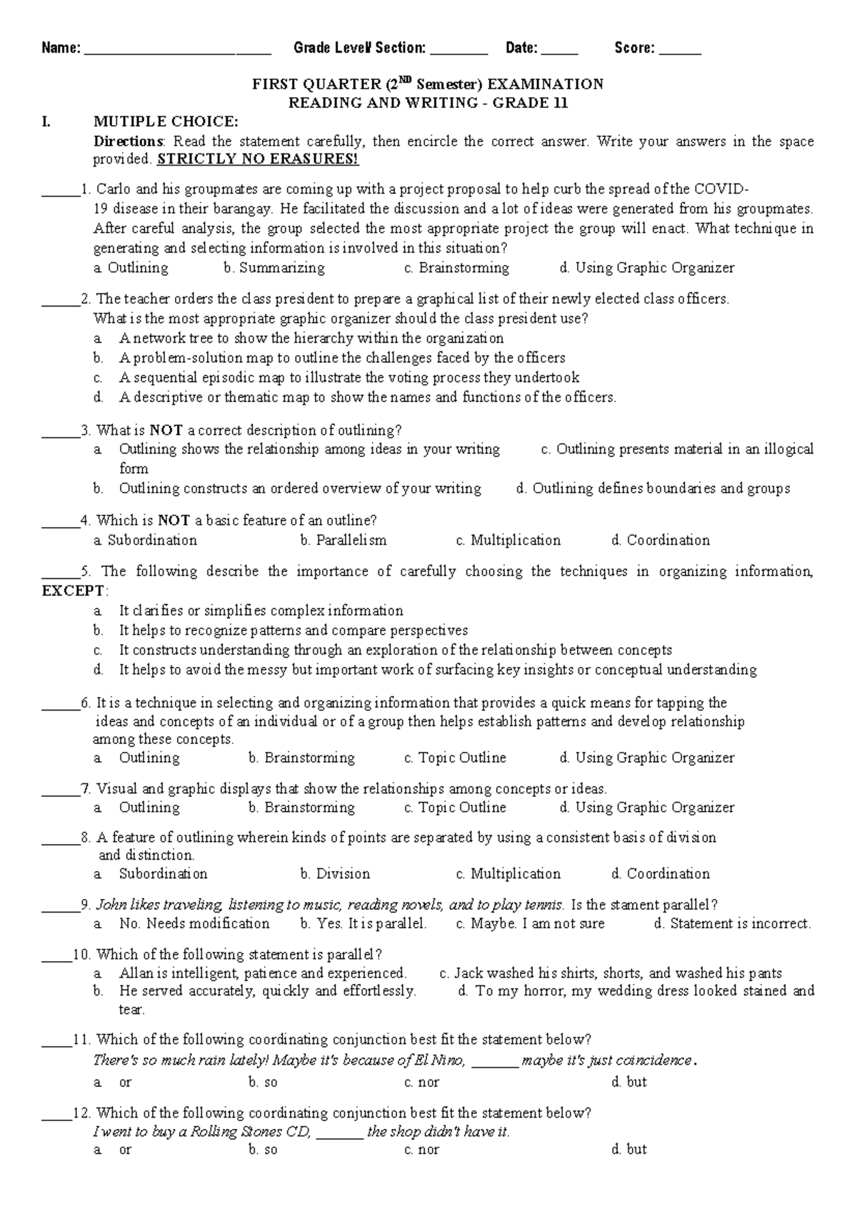 Reading and Writing (3RD Quarter) - Name ...