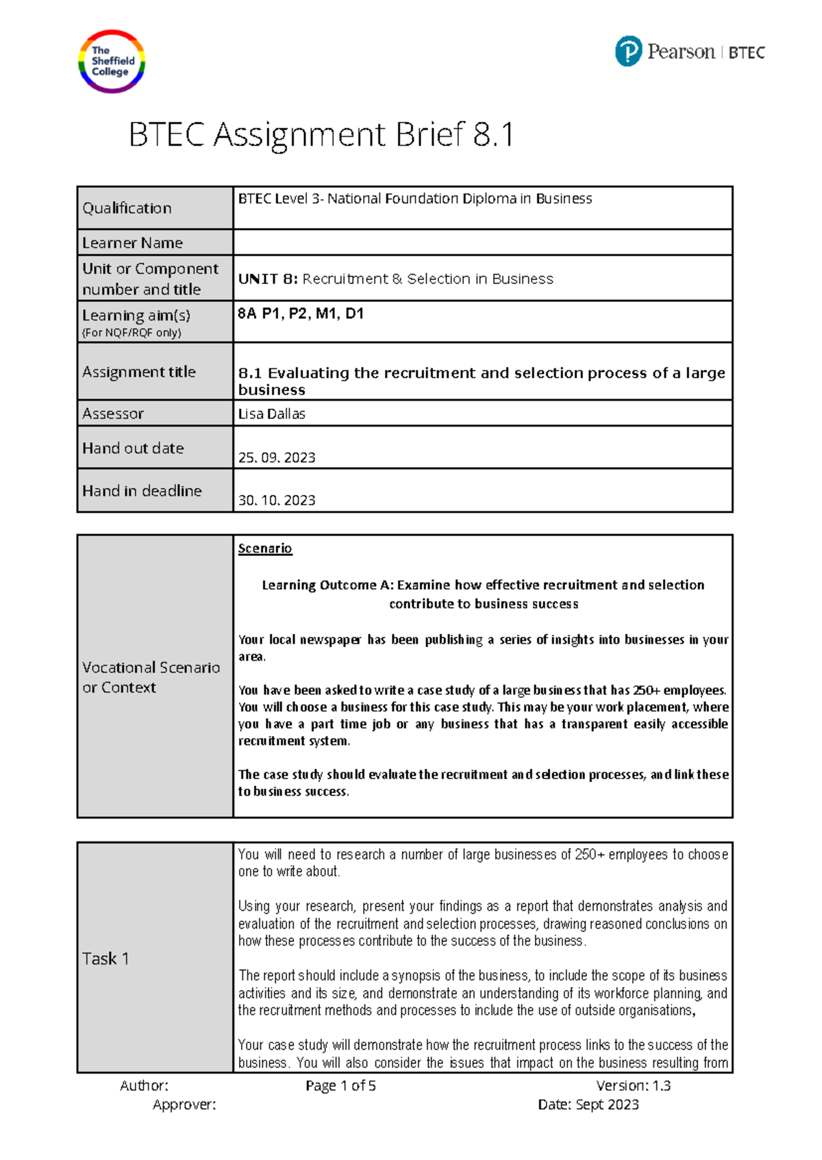 8.1 Assignment brief - BTEC Assignment Brief 8. Author: Page 1 of 5 ...