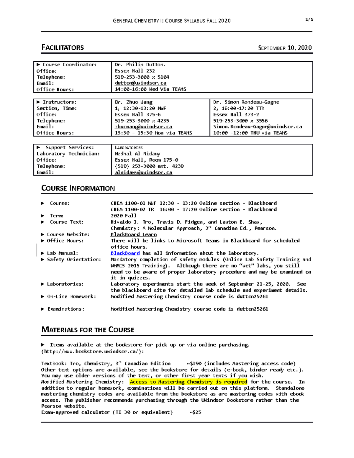 CHEM 1100 Course Outline F20 V5 - GENERAL CHEMISTRY I: COURSE SYLLABUS ...