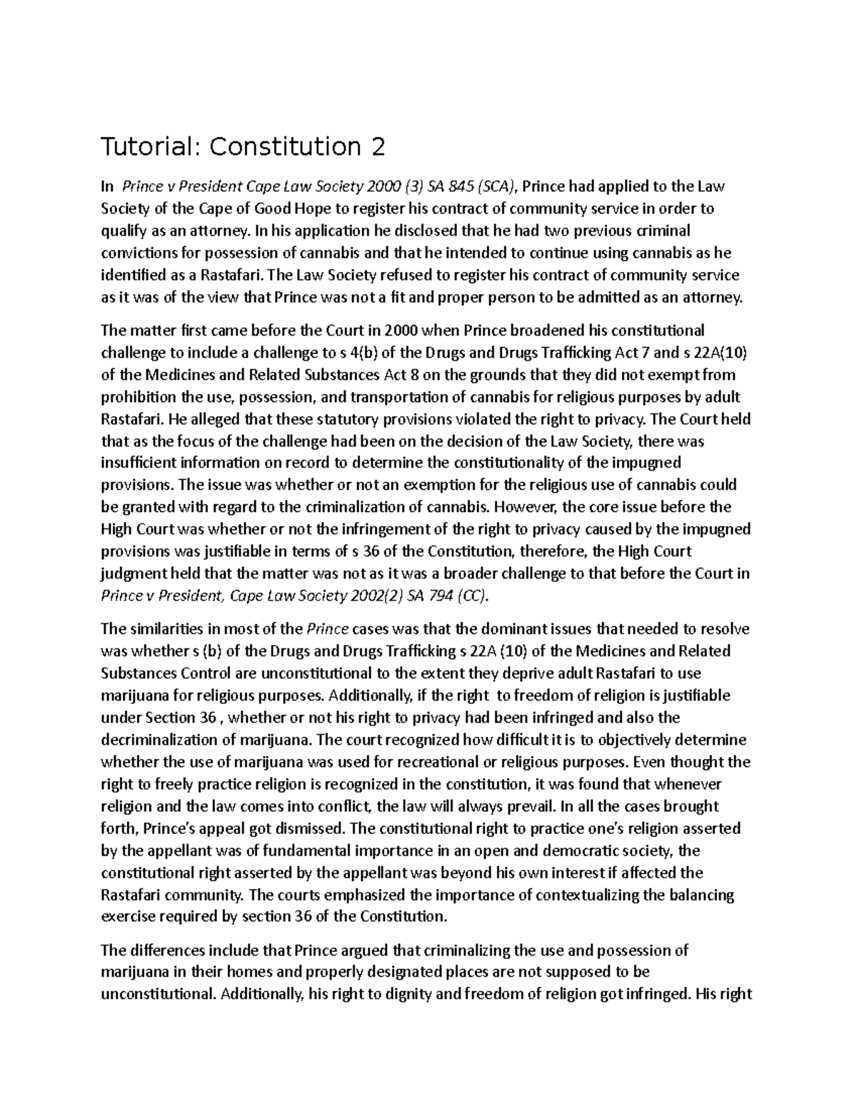 Constitution - tutorial work on the Prince cases - Tutorial: Constitution 2 In Prince v ...