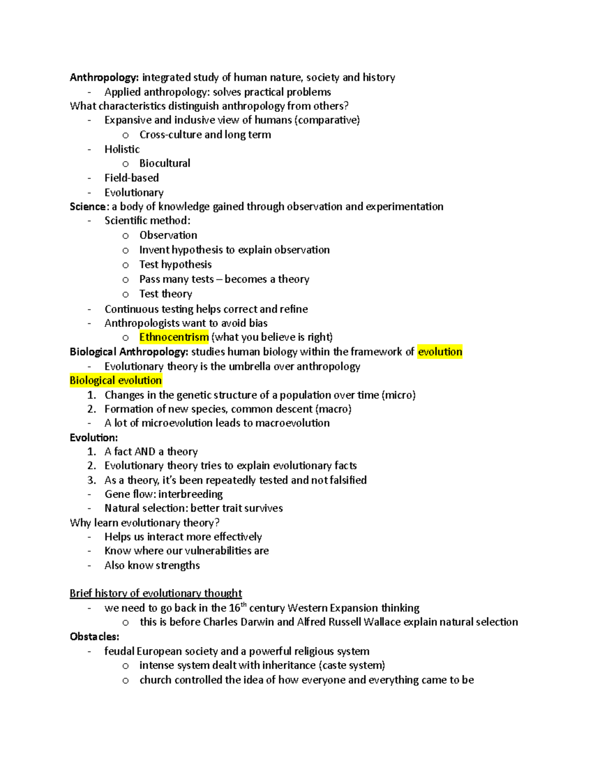 Anthropology Class Notes - Anthropology: integrated study of human ...