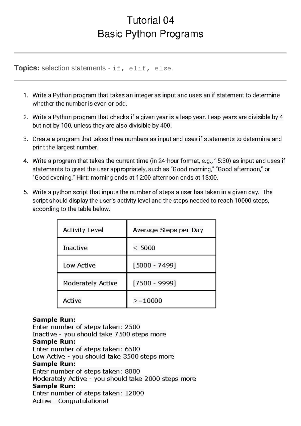 Tutorial 04 exercise - Tutorial 04 Basic Python Programs Topics ...