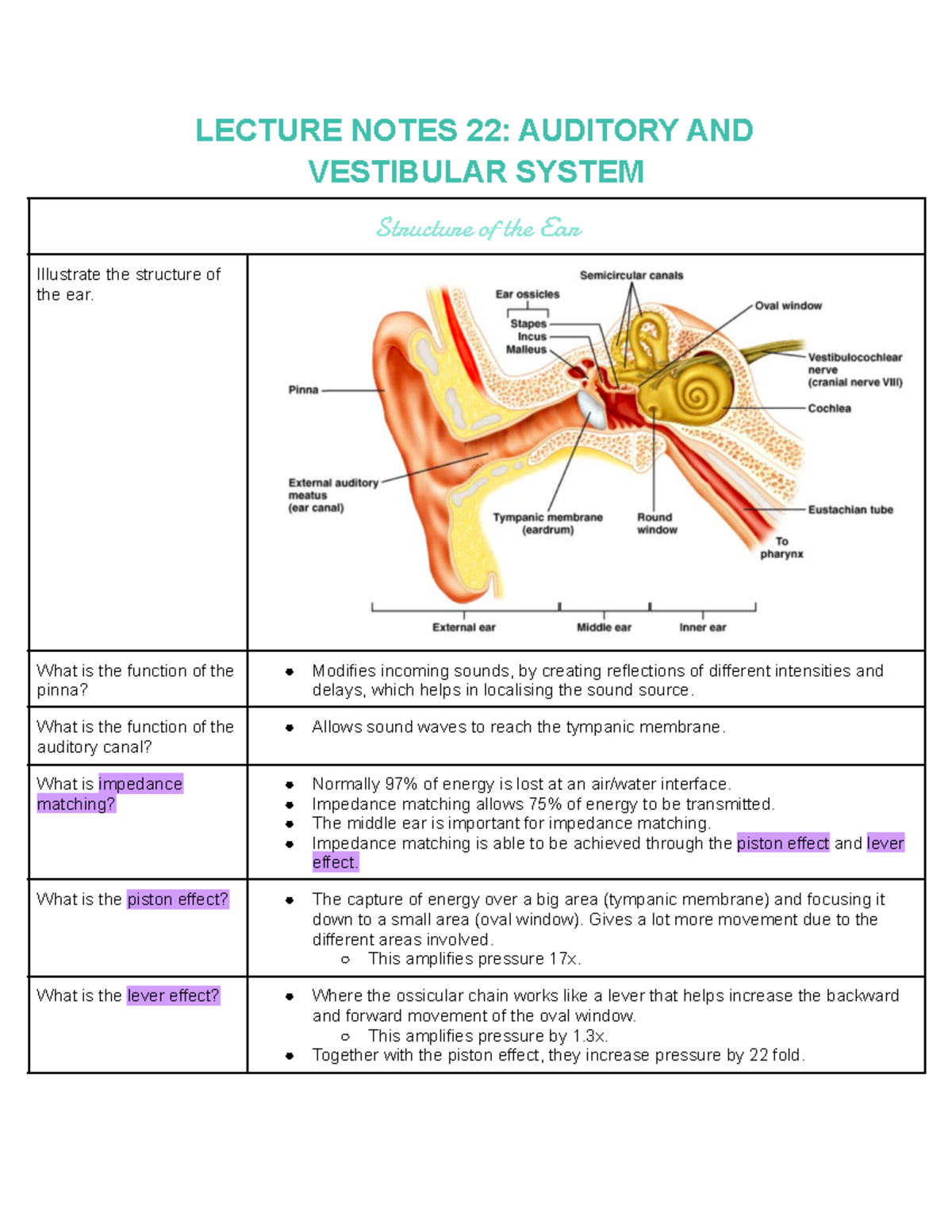 Lecture Notes 22 Auditory and Vestibular System - LECTURE NOTES 22 ...