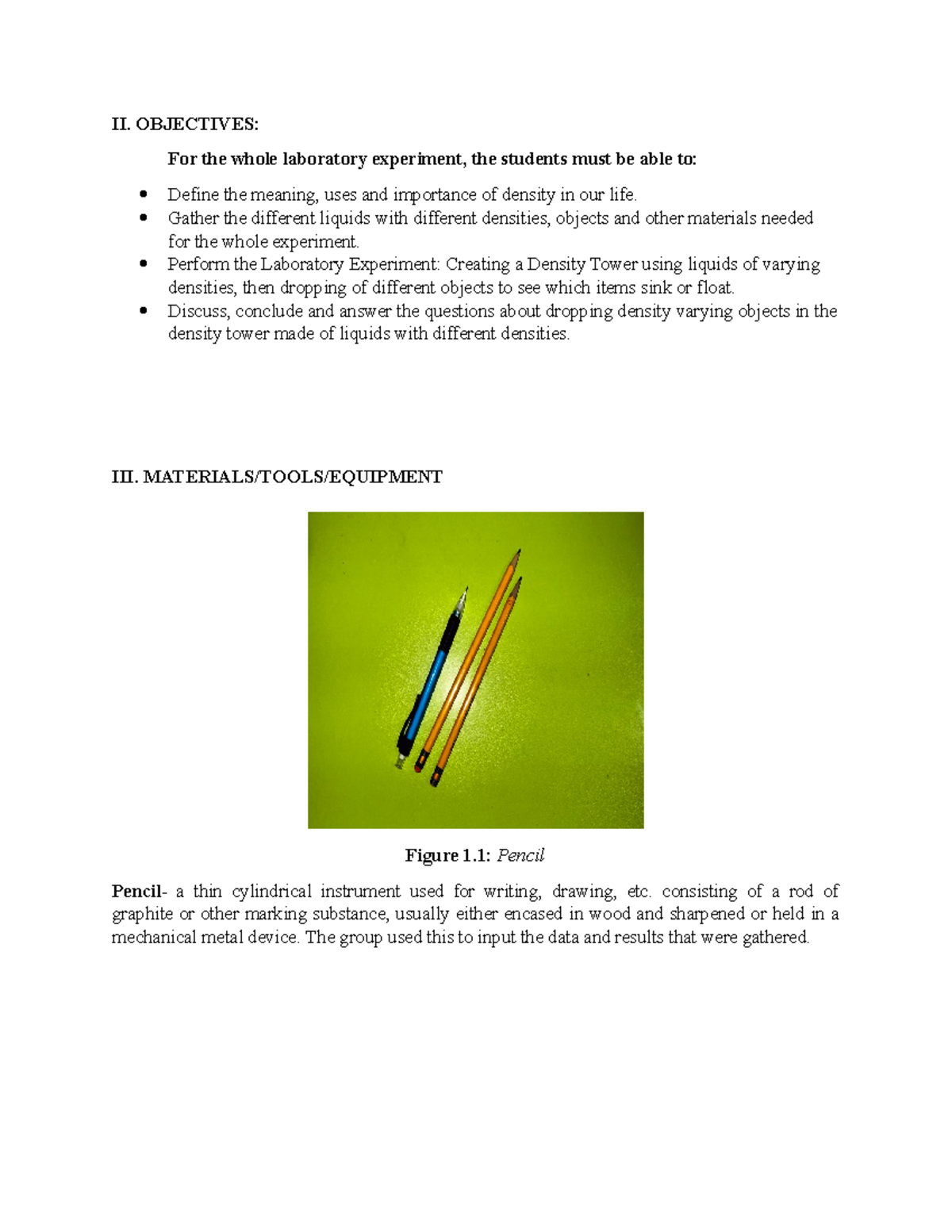 LAB EXP 3= Objectives AND Materials - II. OBJECTIVES: For the whole ...