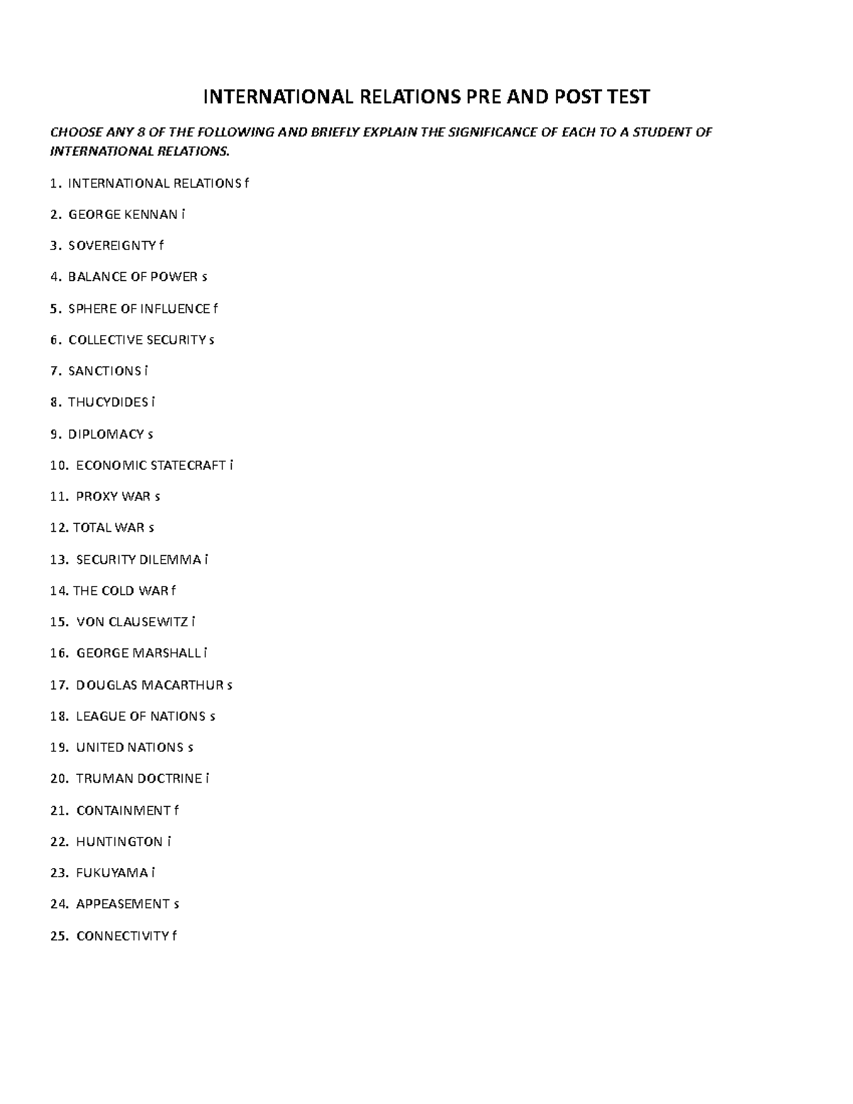 International Relations PRE TEST - INTERNATIONAL RELATIONS PRE AND POST ...