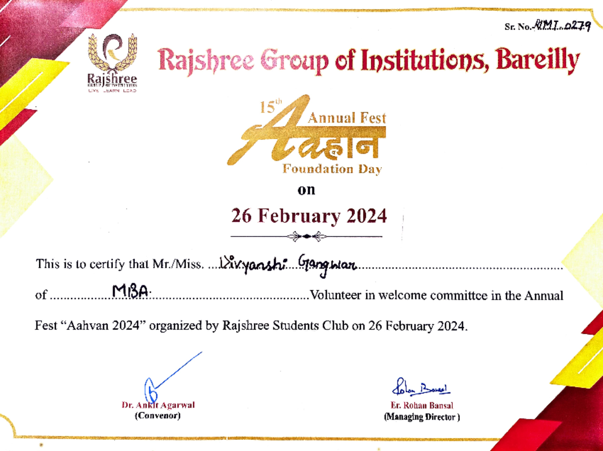 Certificates divyanshi gangwar MBA 1 year - Sr. No. R Rajshree Group of ...