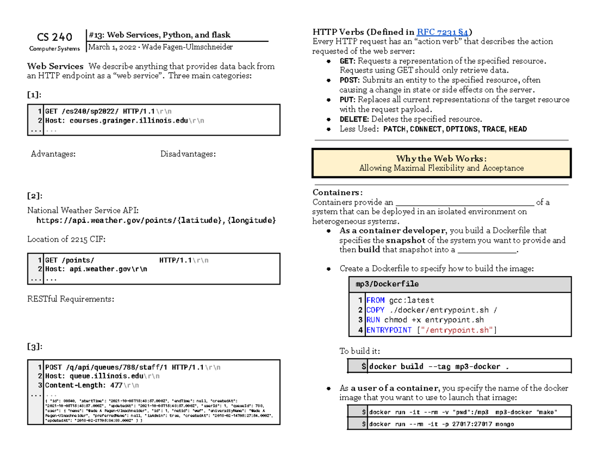 Cs240sp22 - 13 - Web Services, Python, and flask - CS 240 - Illinois - Studocu