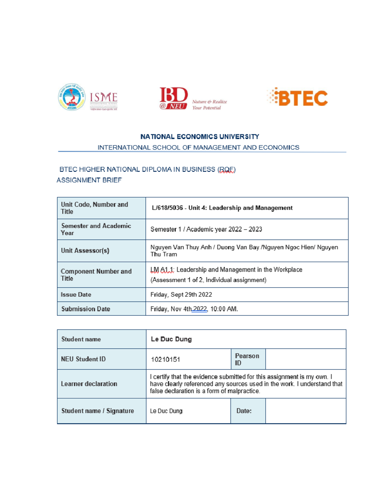 10210151 - Le Duc Dung - LM A1 - Table of Contents I. - Studocu