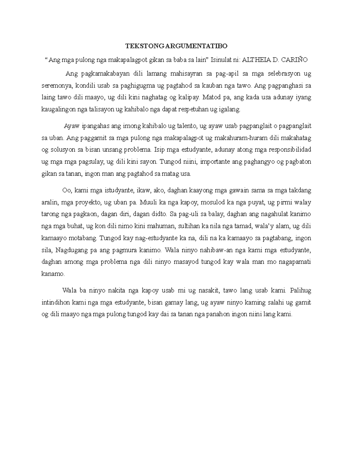 Document - Essay - TEKSTONG ARGUMENTATIBO “Ang mga pulong nga ...