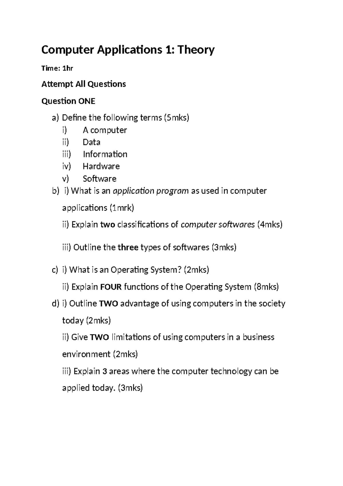 Computer Applications 1 - (3mks) - Studocu