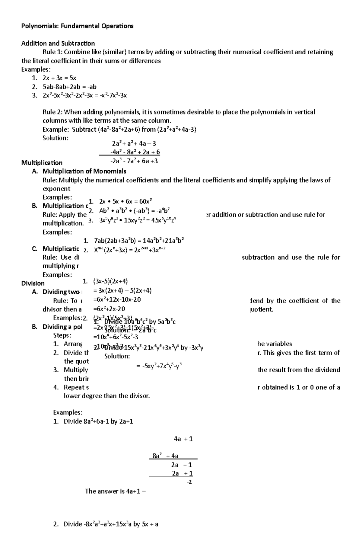 Ge 9 - For 2nd Year BSED - Polynomials: Fundamental Operations Addition and Subtraction Rule 1 ...