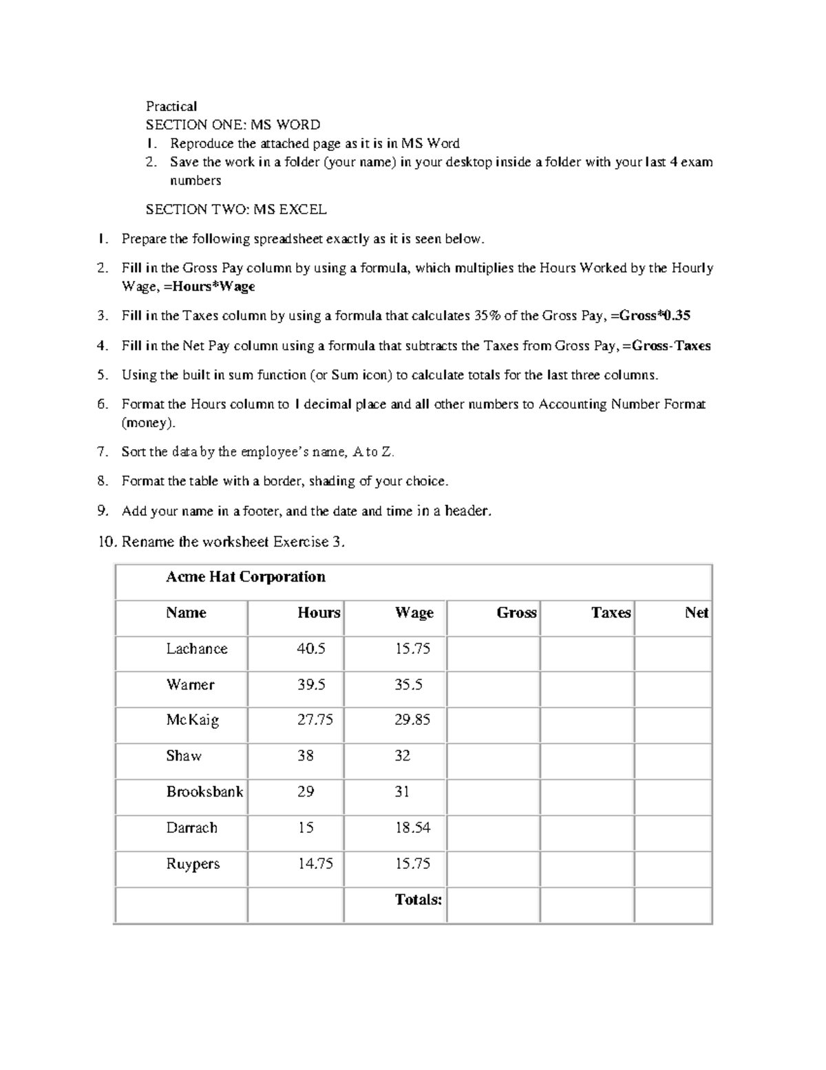 MS WORD and Excel Exam for Certificate class - Practical SECTION ONE ...