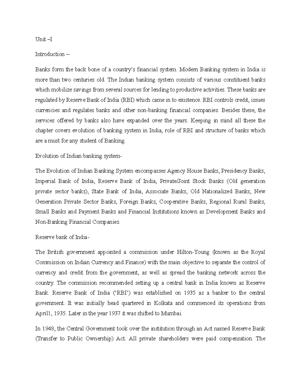 BANKING LAW NOTES - Unit –I Introduction – Banks form the back bone of ...