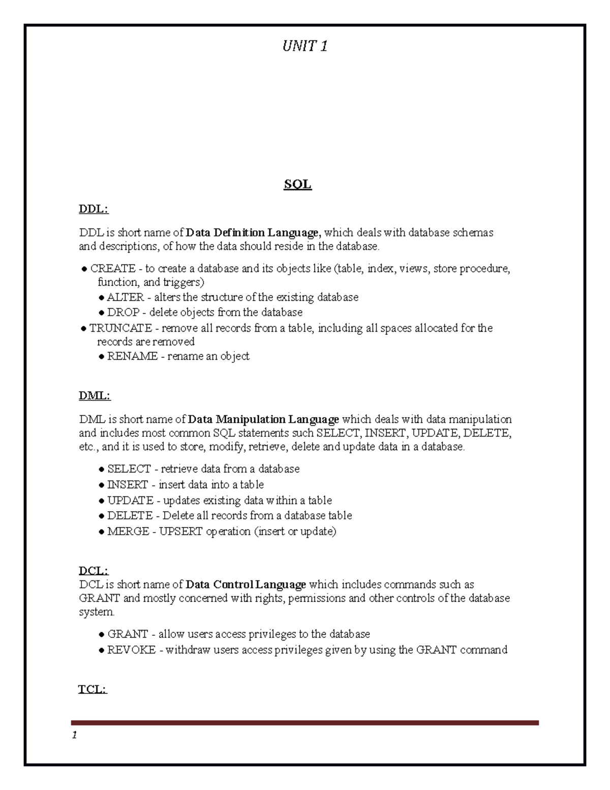 DBMS Notes - TE COMP - SQL DDL: DDL is short name of Data Definition ...