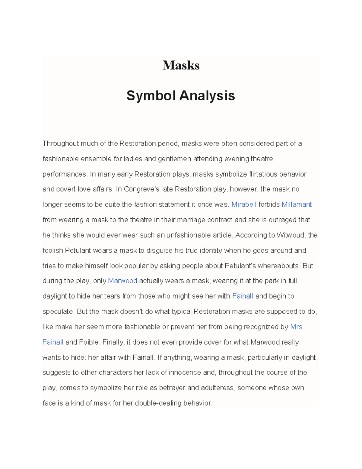 Symbolism - Masks Symbol Analysis Throughout much of the Restoration ...
