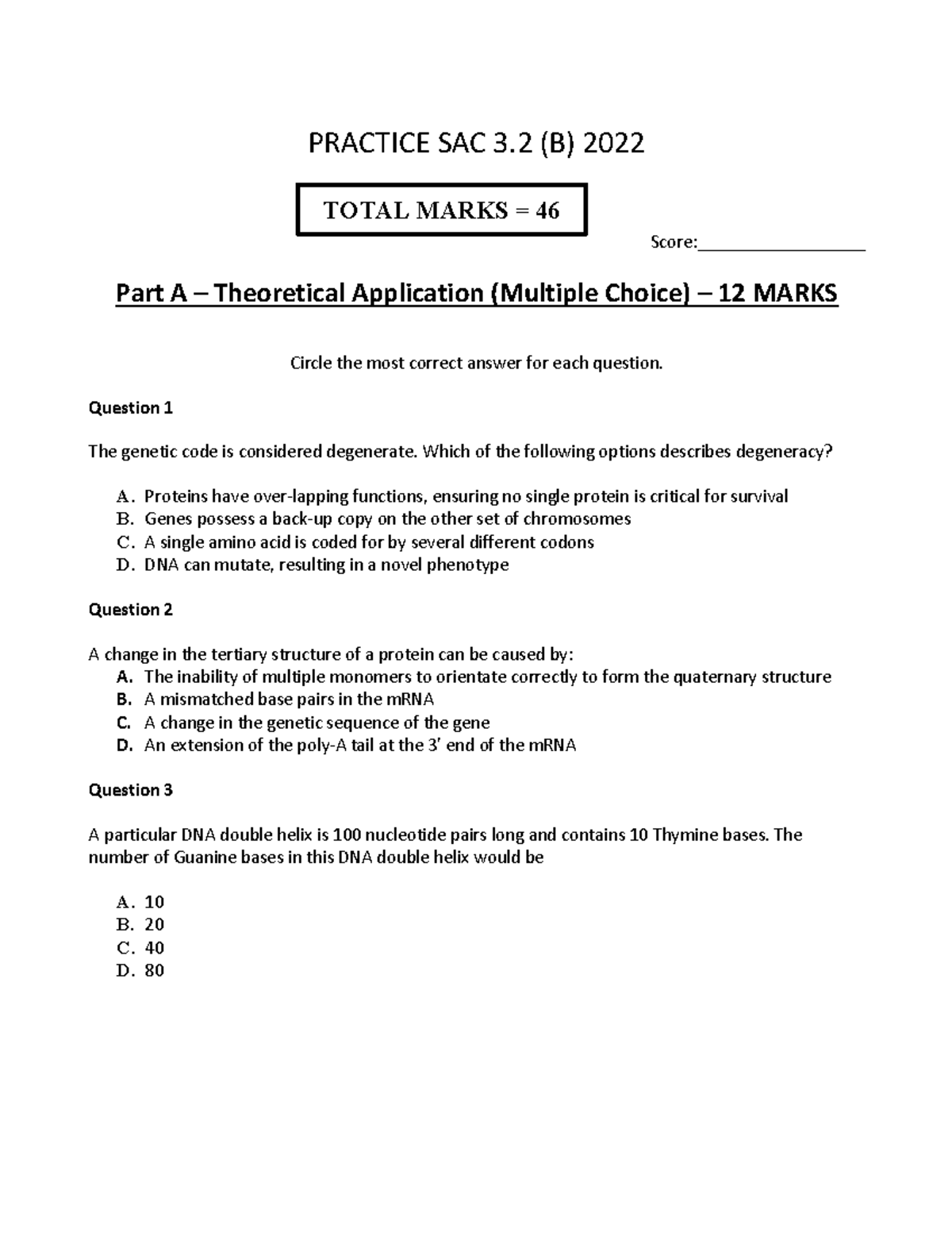 Practice-SAC-3 - biology unit 3 practice sac - PRACTICE SAC 3 (B) 2022 ...