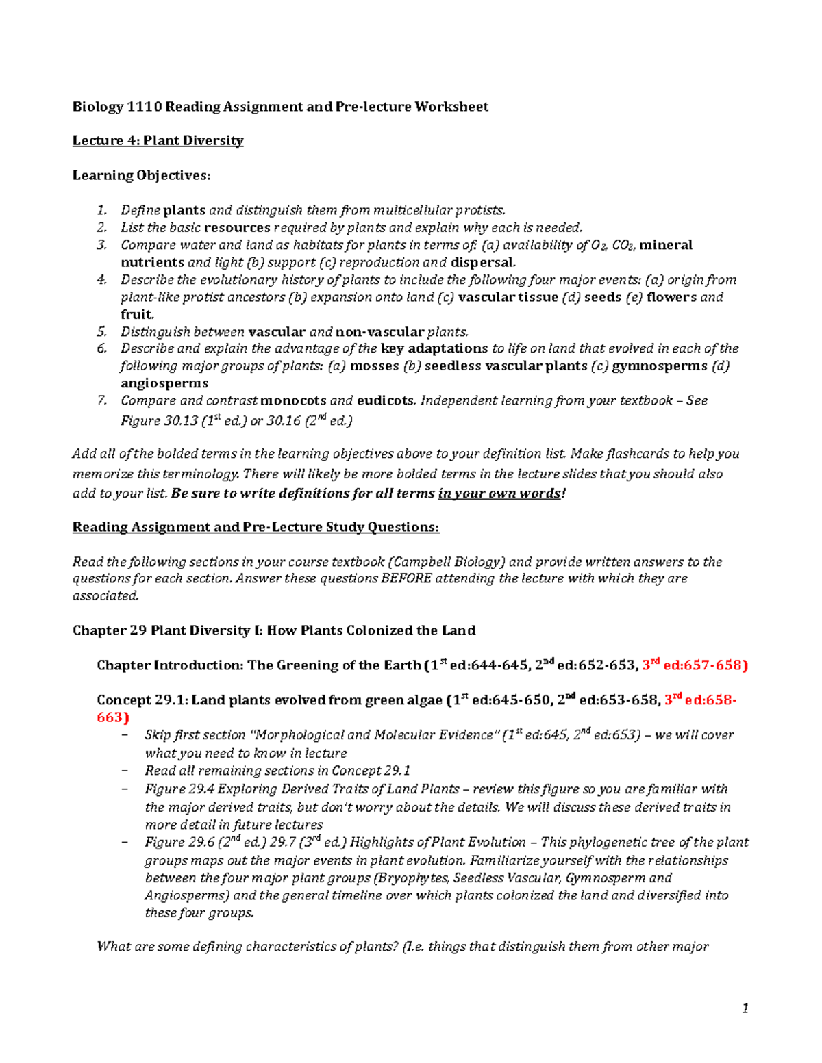 Lecture 4 Plant Diversity Reading Assignments and Worksheet - Biology ...