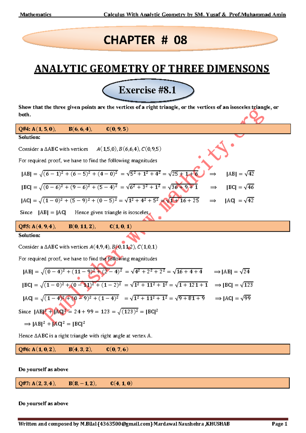 Chap 08 Solutions Ex 8 1 Calculus M Bilal - ANALYTIC GEOMETRY OF THREE ...