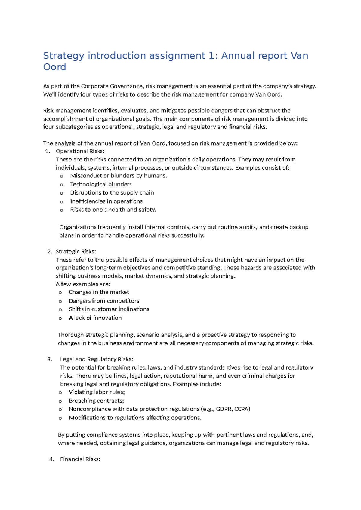 Riskmanagement Annual Report - Strategy introduction assignment 1 ...