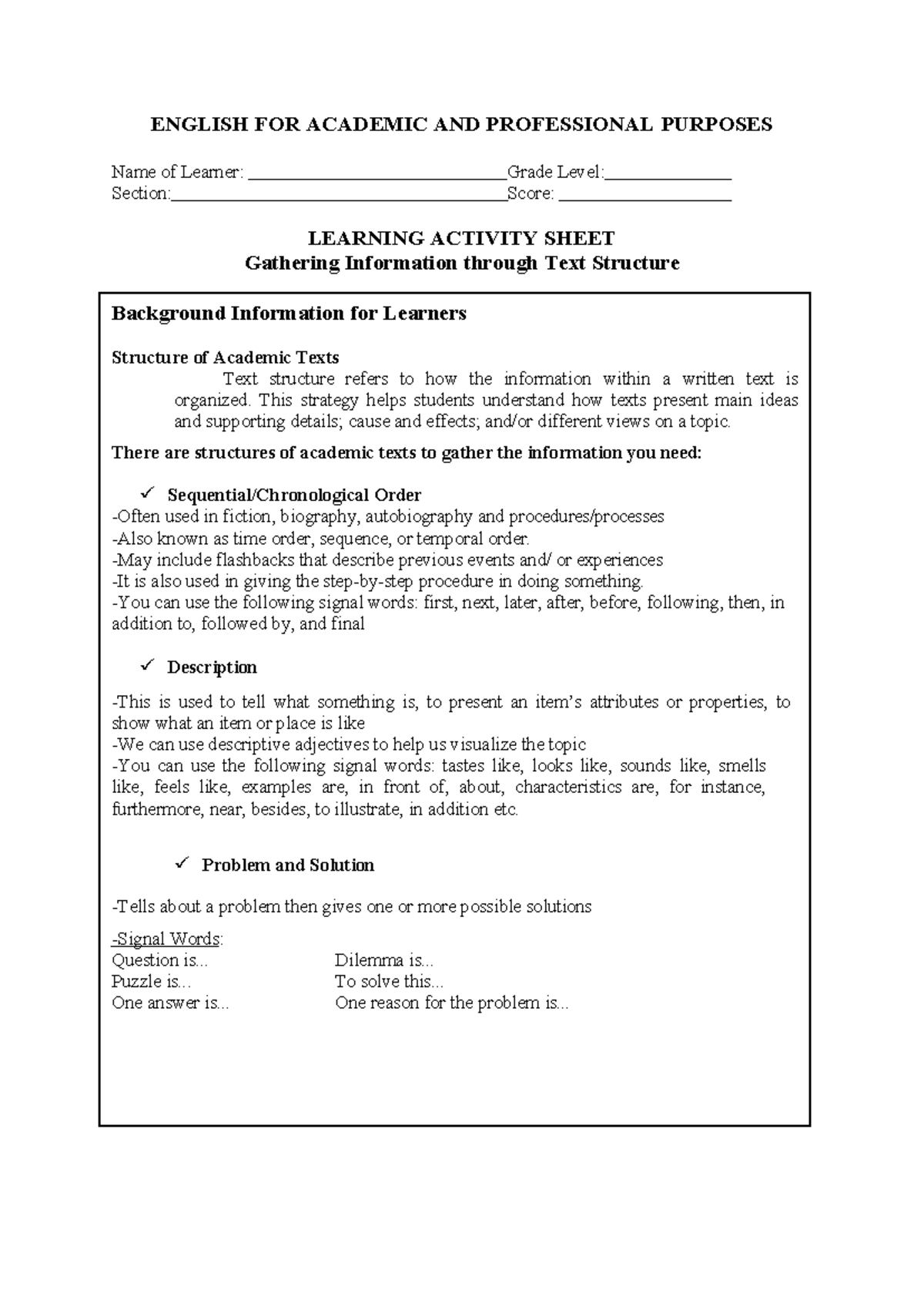 EAAP - Take care - ENGLISH FOR ACADEMIC AND PROFESSIONAL PURPOSES Name ...