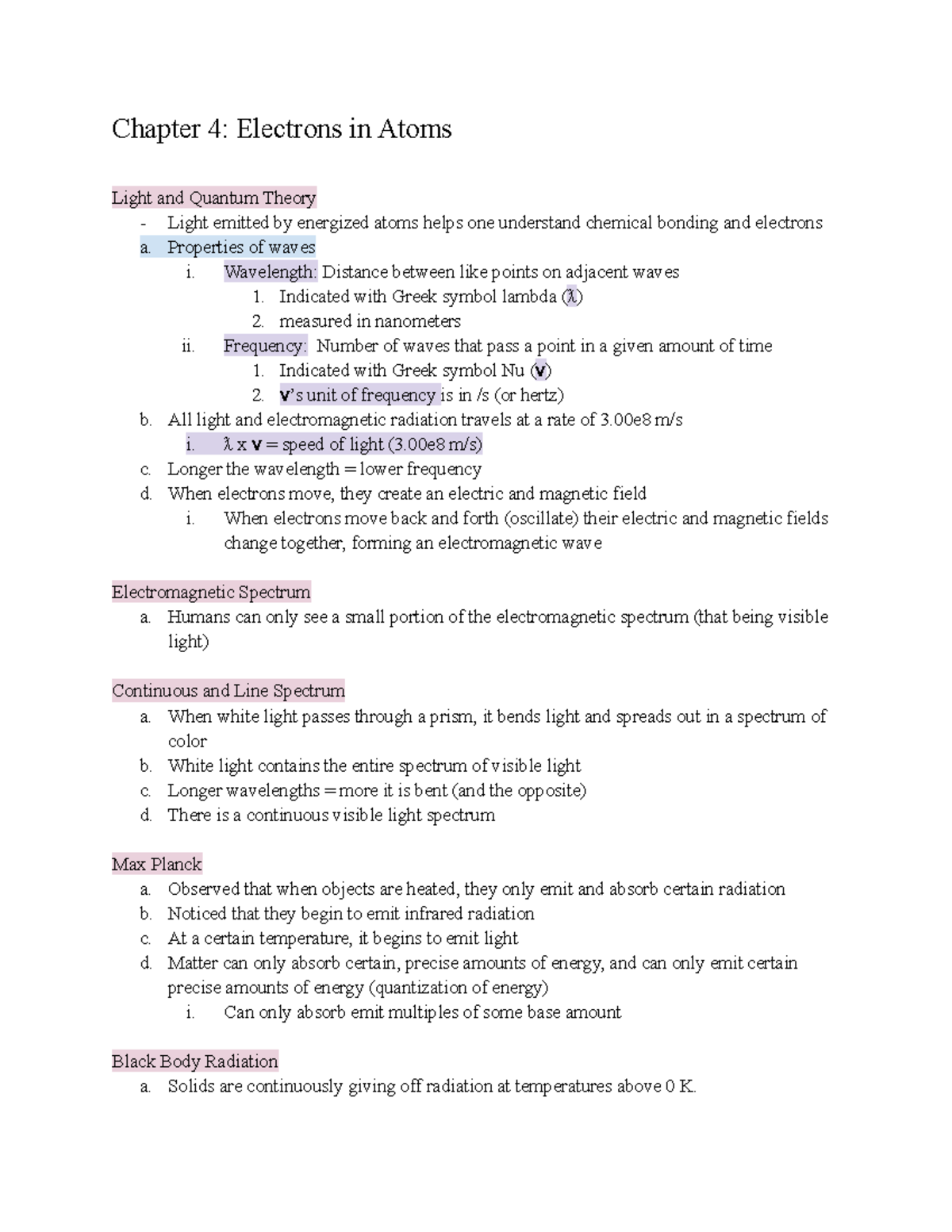 Chem-H Chapter 4 Notes - chap 4 - Chapter 4: Electrons in Atoms Light ...
