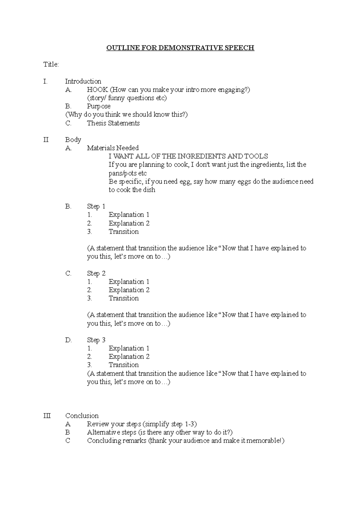 Outline FOR Demonstrative Speech - OUTLINE FOR DEMONSTRATIVE SPEECH ...