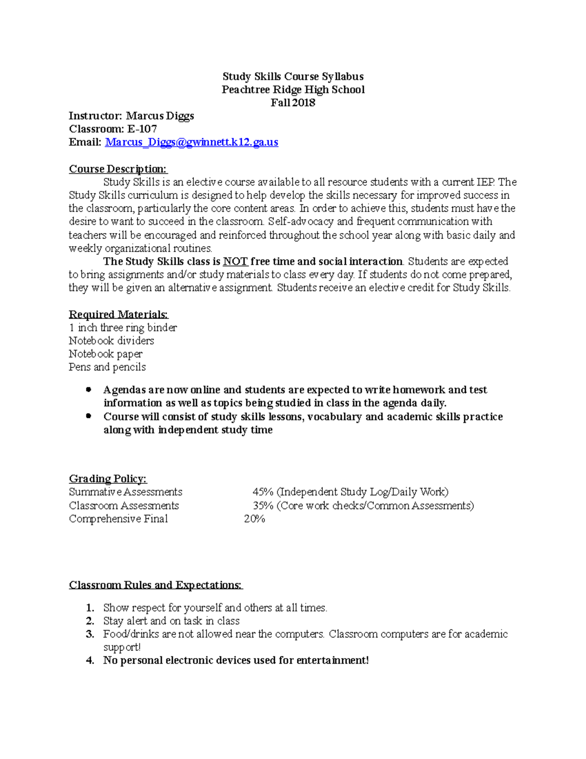Fall 2018 Study Skills Syllabus Diggs - Study Skills Course Syllabus ...
