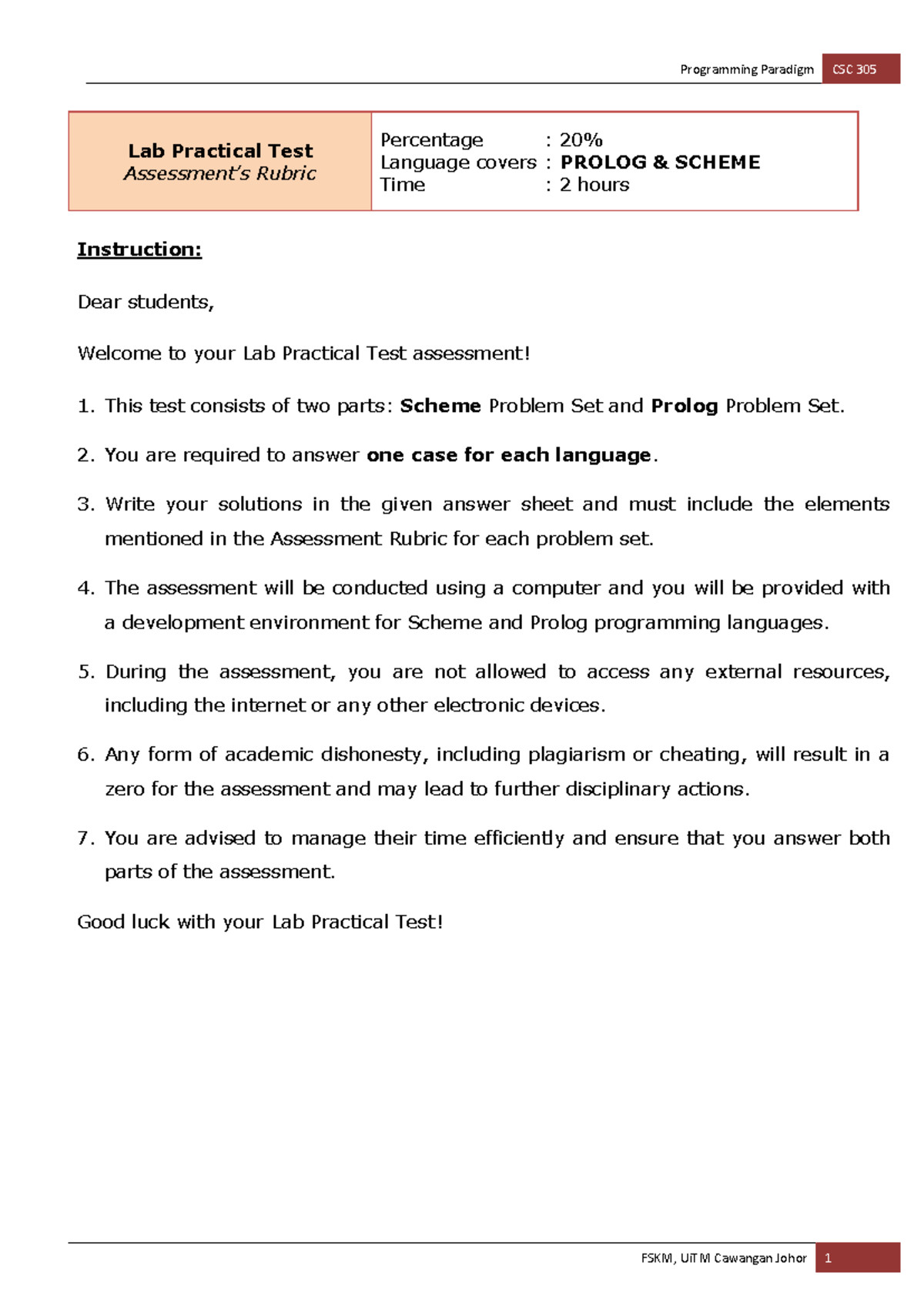May 2023 Lab Test Rubric - Lab Practical Test Assessment’s Rubric ...