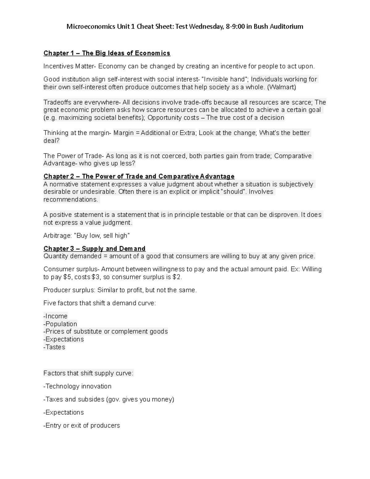 Economics Exam 1 Study Guide - Microeconomics Unit 1 Cheat Sheet: Test ...