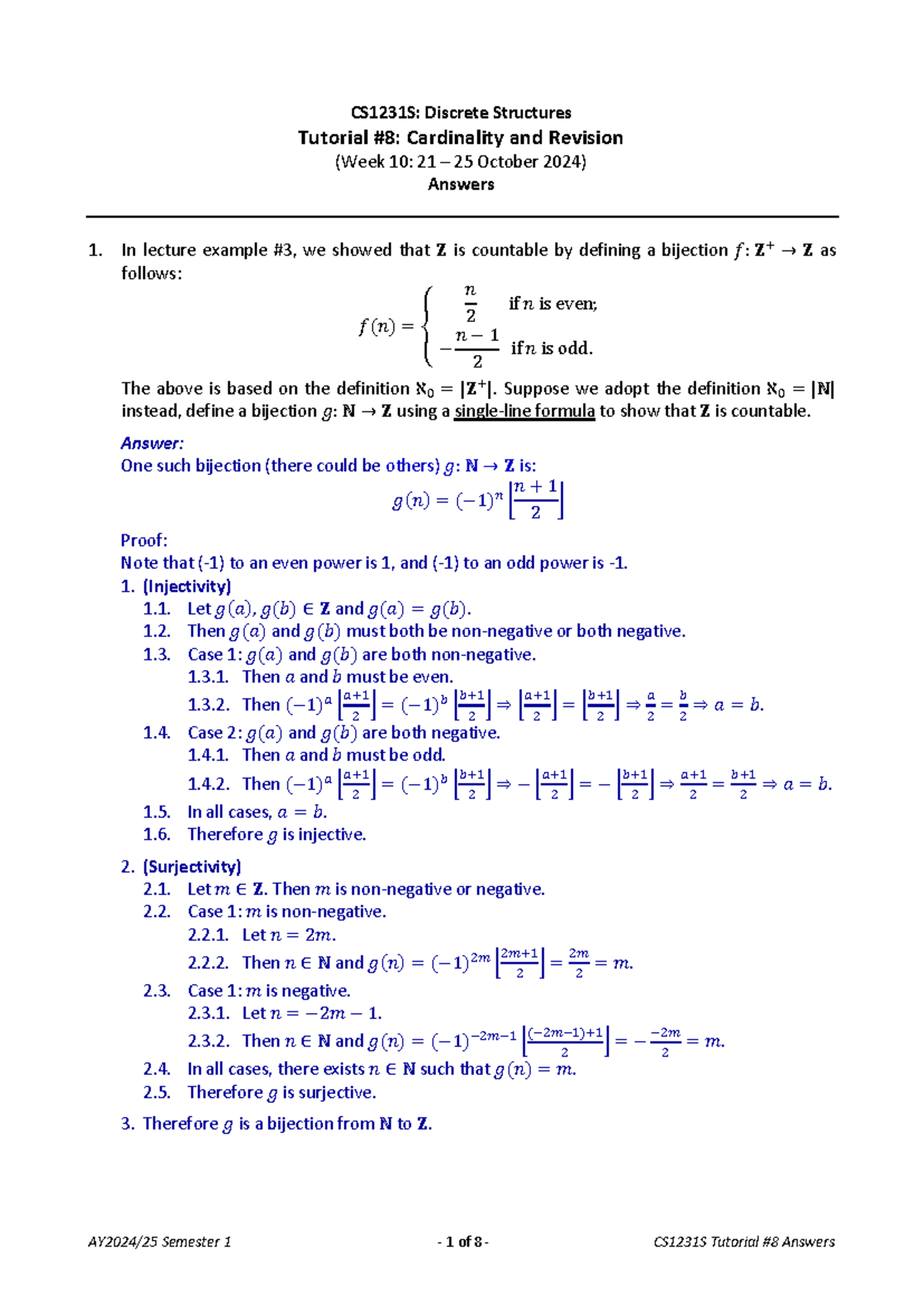 Tut08ans post - ans - CS1231S: Discrete Structures Tutorial # 8 : Cardinality and Revision (Week ...