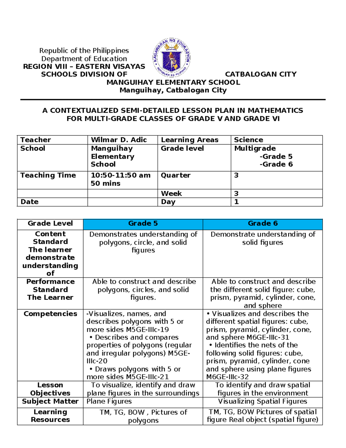 Lesson PLAN MATH Q3 - LP in Math - Republic of the Philippines Department of Education REGION ...
