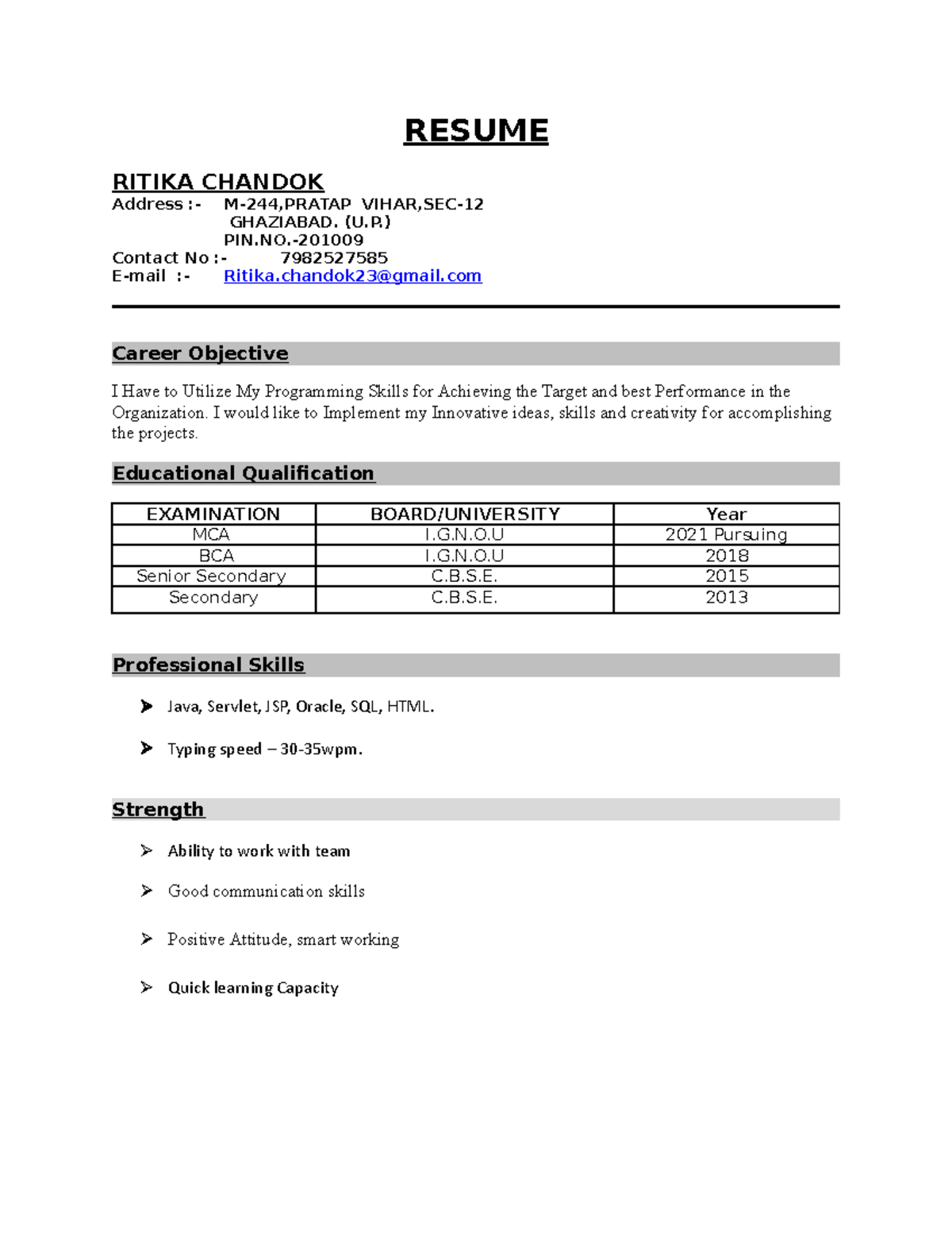 Resume for python working - RESUME RITIKA CHANDOKAddress :- M-244 ...