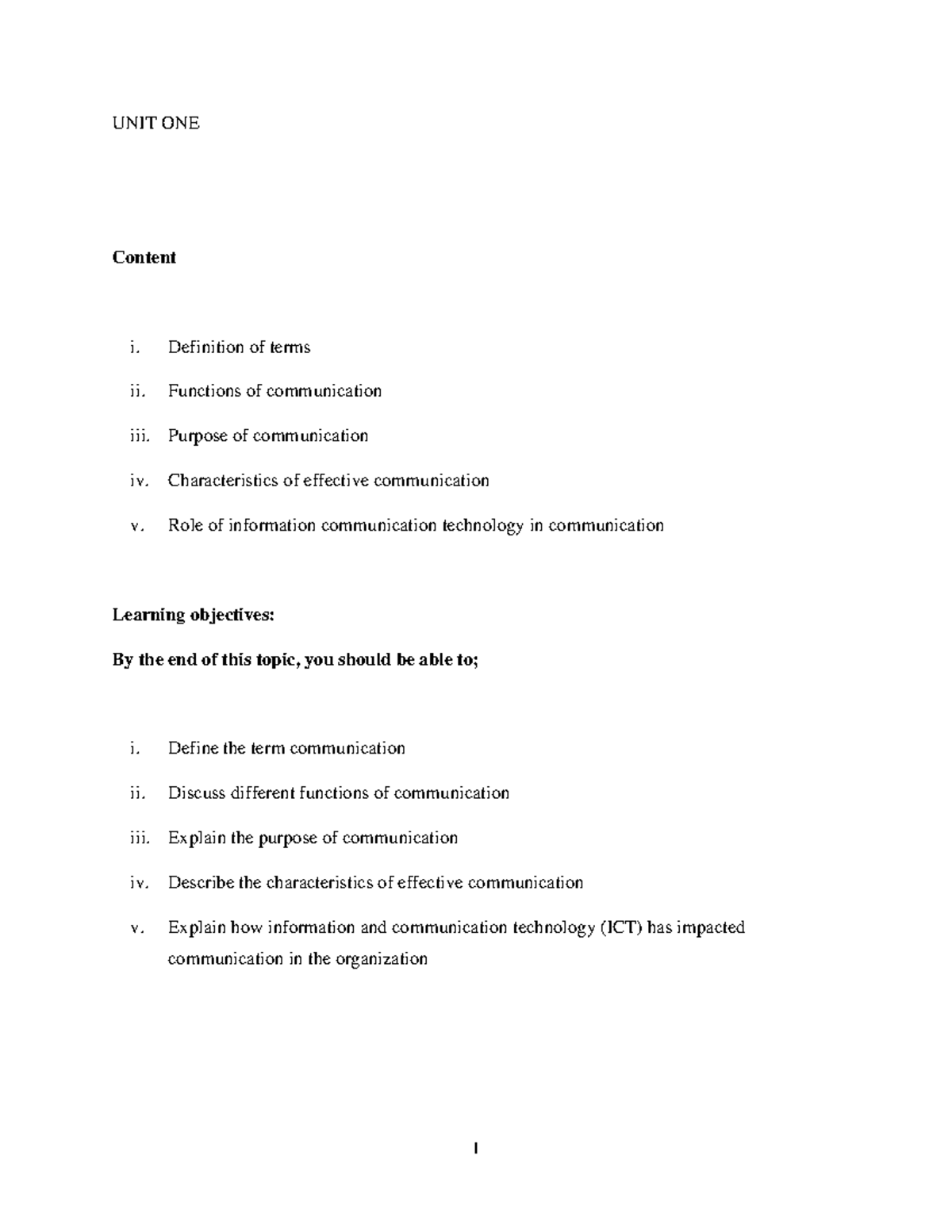 UNIT ON1 - UNIT ONE Content i. Definition of terms ii. Functions of ...