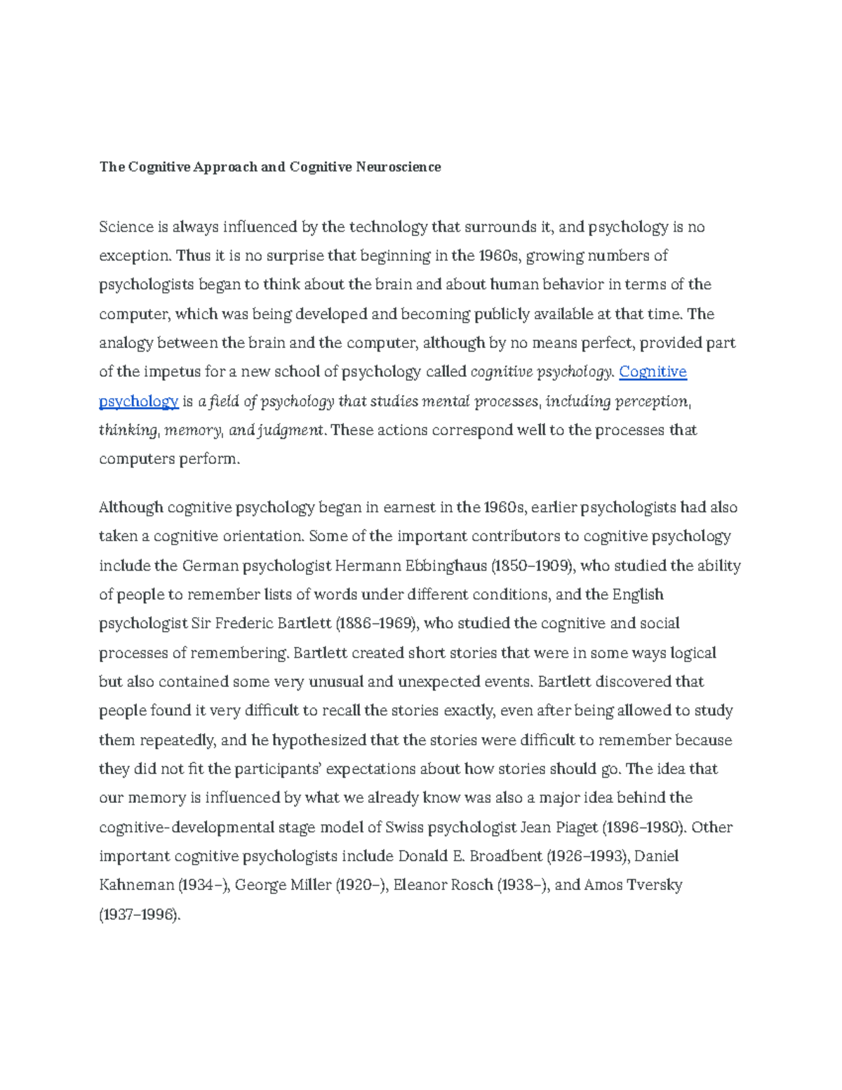 The Cognitive Approach and Cognitive Neuroscience - Thus it is no ...