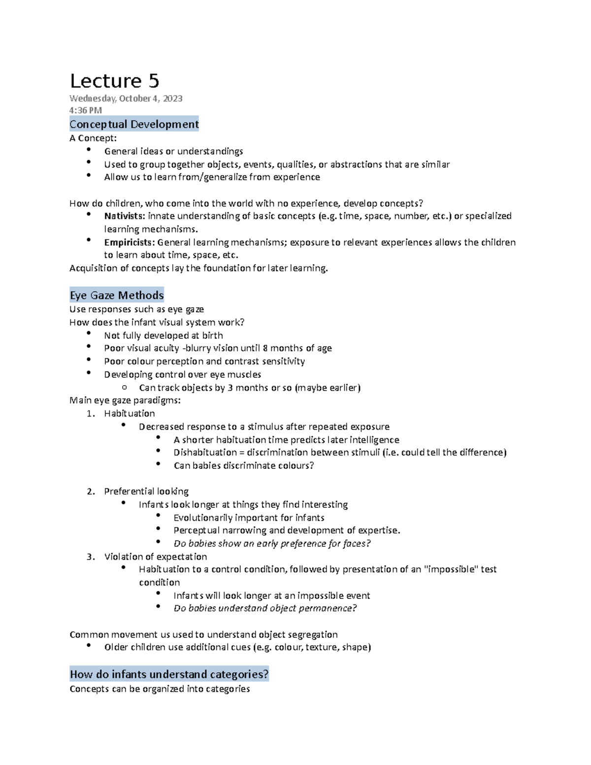 Lecture 5 - Conceptual Development - Lecture 5 Wednesday, October 4 ...