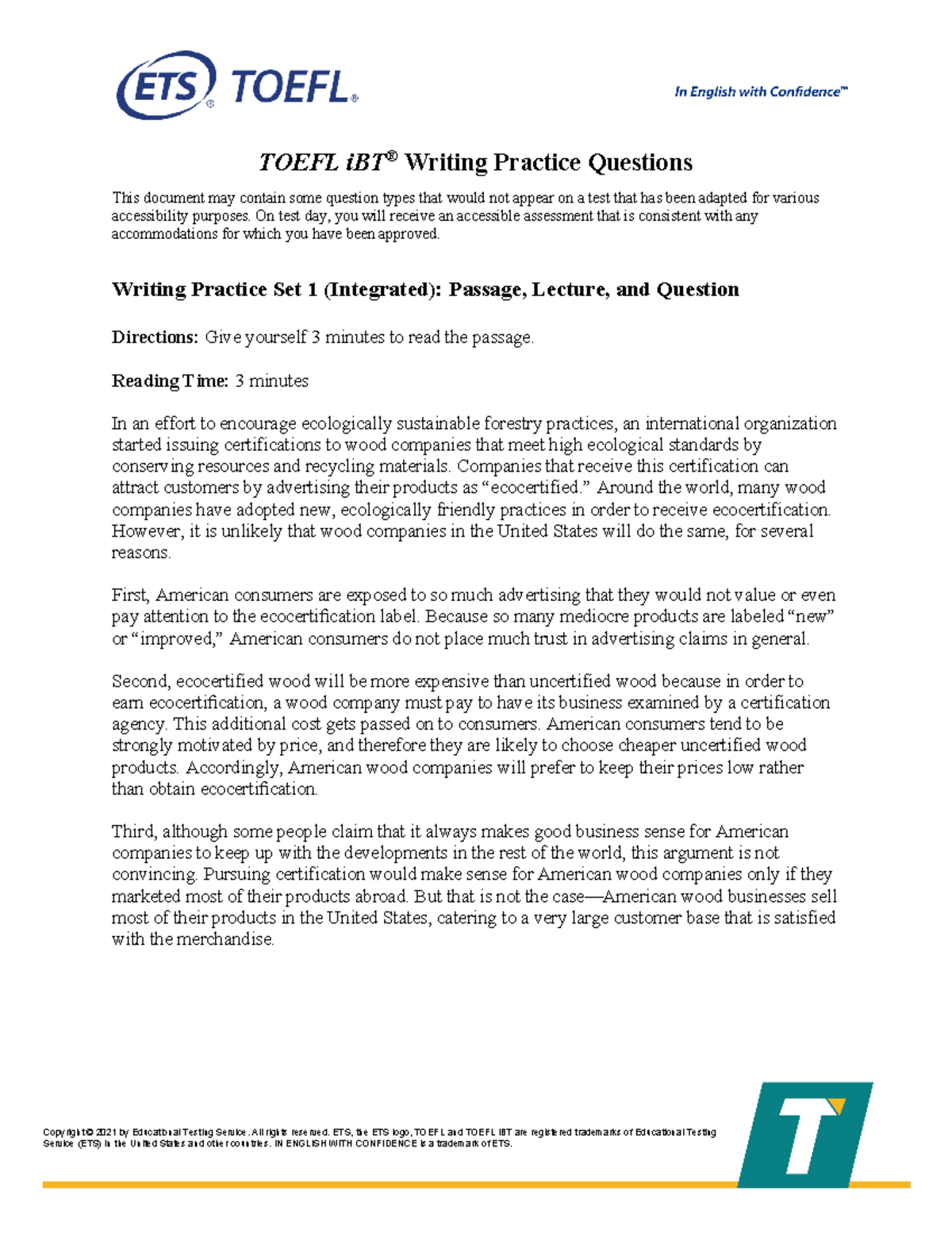 Writing Practice Set - Copyright © 2021 by Educational Testing Service ...