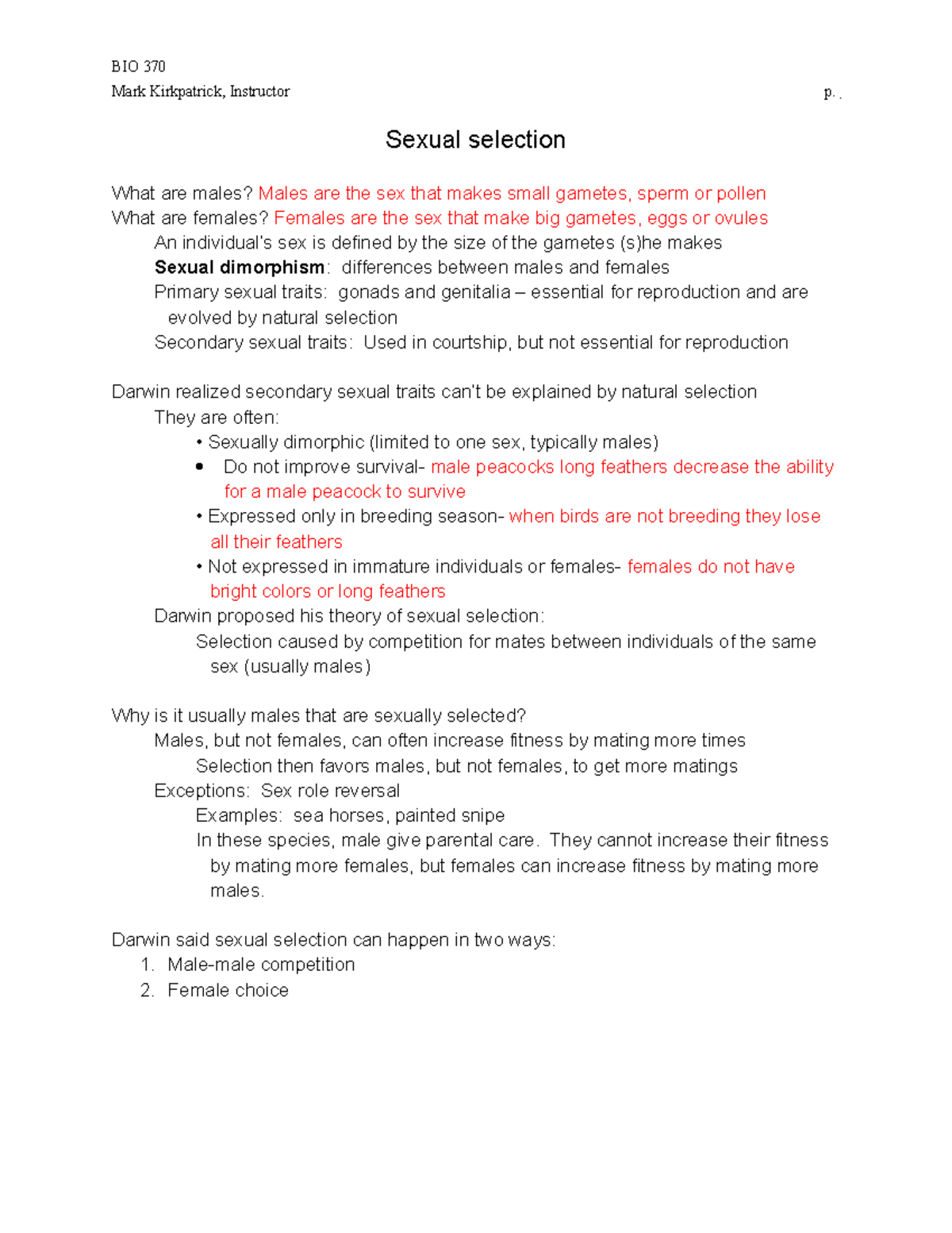8) Sexual selection outline - BIO 370 Mark Kirkpatrick, Instructor p ...
