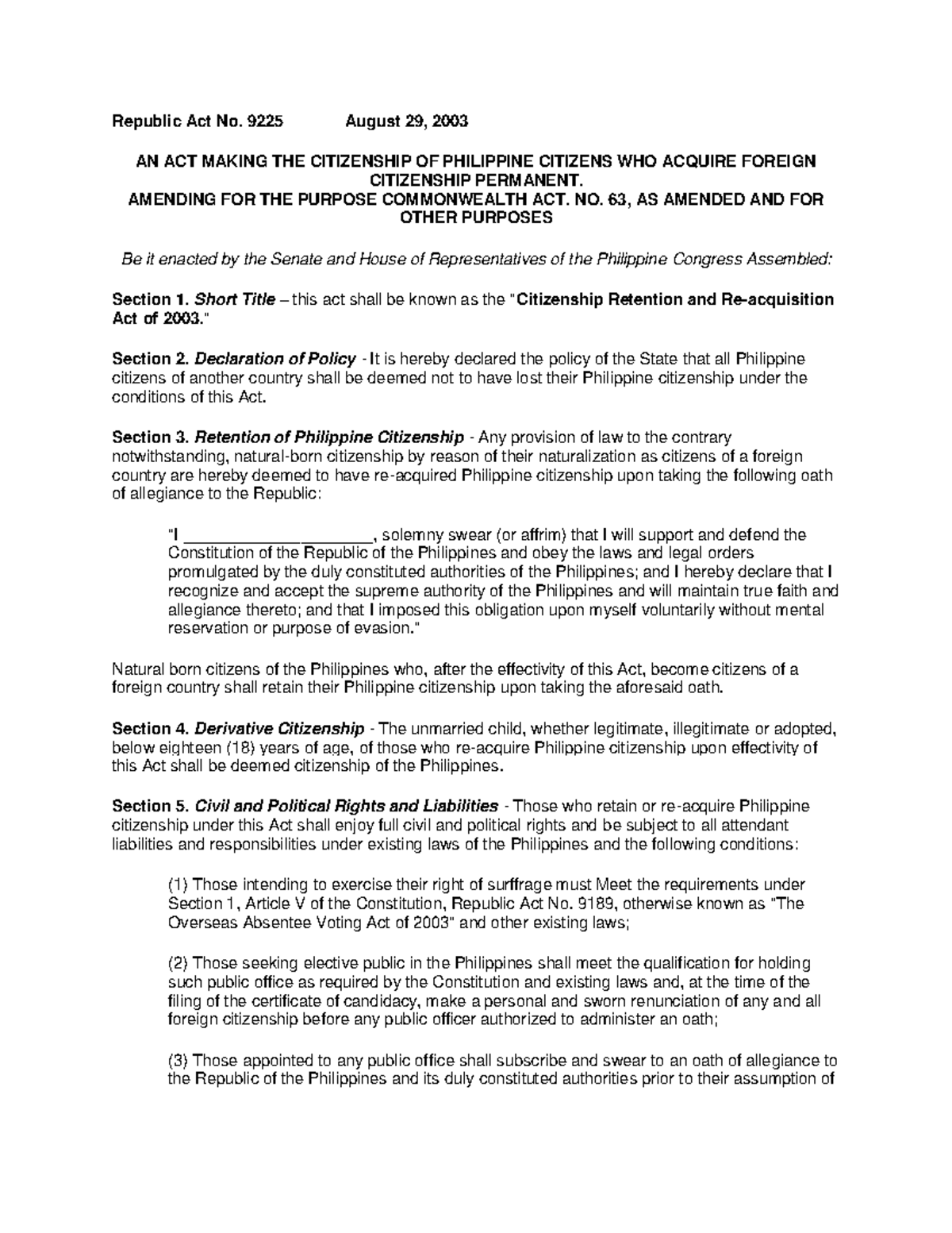 Republic Act No 9225 Supplement Republic Act No 9225 August 29
